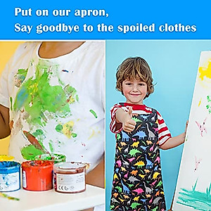 MRYUWB Kids Boys Dinosaur Apron, Girls Aprons for Cooking, Painting, Kitchen Chef Apron for Children 3-12 Years (Black & Green Dinosaur, Large (6-12 Years))