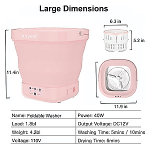 Arlyeef Portable Washing Machine, 9L Foldable Washer Machine with High-Speed Drain and Extension Hose for Apartment, Traveling, Laundry, Camping, Underwear, Baby Clothes - Pink