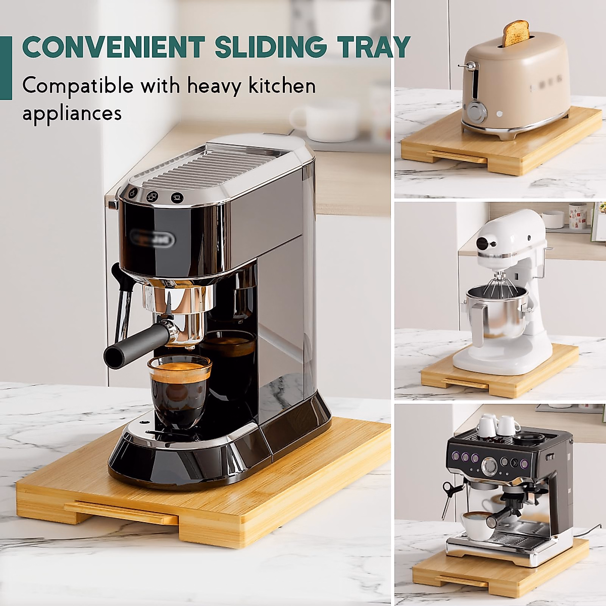 Yumkfoi Bamboo Appliance Slider, Sliding Tray for Coffee Maker, Coffee Maker Slider Tray for Counter with Rolling Wheels for Blender, Toaster, Coffee Pot, Air Fryer (10.8"W x 15.7"D)