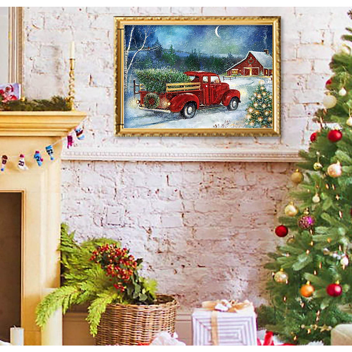 RUIHA Christmas Diamond Painting Kits,Winter Diamond Art Kit for Adults,Red Truck 5D Paint with Diamond Full Drill for Parents-Children Interrction,Wall Decor(12x16) (Snowy Night)