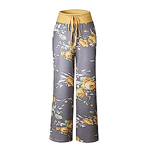 iChunhua Women's Comfy Stretch Floral Print Drawstring Palazzo Wide Leg Lounge Pants(S,Yellow)
