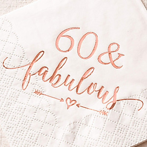 Crisky 60 and Fabulous Cocktail Napkins Rose Gold for Women 60th Birthday Decorations, 60th Birthday Bevergae Dessert Table Supplies, 50Pcs, 3-Ply