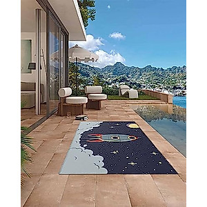 CHARMHOME Indoor Outdoor Rugs 5'x8' - Waterproof Patio Rug Camping Rug for Porch Deck Backyard Patio - Space Theme Cute Cartoon Rocket Moon and Stars Pattern Area Rug Easy Clean