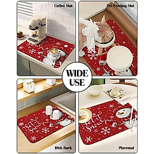 Hokiten Red Christmas Snowman Dish Drying Mat for Kitchen Counter, Merry Christmas Absorbent Coffee Mat/Dish Drainer, Xmas Winter Snowflake Quick Drying & Non-slip Rubber Backed Drying Mat 12"W x 16"L