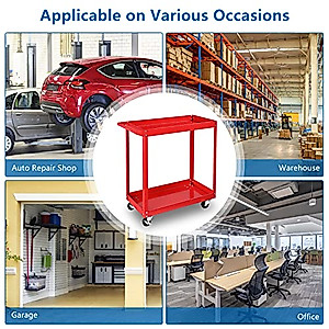 TUFFIOM 2 Tier Rolling Tool Cart, 220 LBS Capacity Industrial Service Cart w/Wheels, 2 Shelf Steel Utility Cart, Tool Storage Organizer for Mechanic, Garage, Workshop, Warehouse & Repair Shop, Red