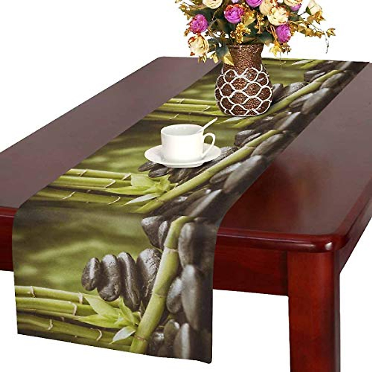 Spa Natural Theme Zen Basalt Stones and Bamboo Home Decorative Linen Table Cloth Runner Table Runner 14 x 72 inch for Office Kitchen Dining Room Wedding Party