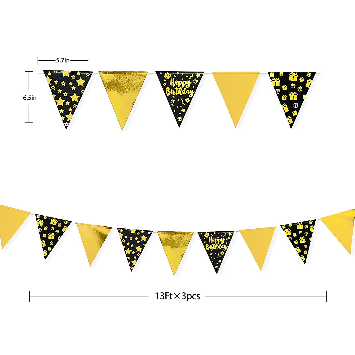 40Ft Black Gold Happy Birthday Decorations Happy Birthday Banner Bunting Triangle Flag Pennant Garland Streamer Backdrop for Boys Men 13th 16th 21st 30th 40th 50th 60th Happy Birthday Party Supplies