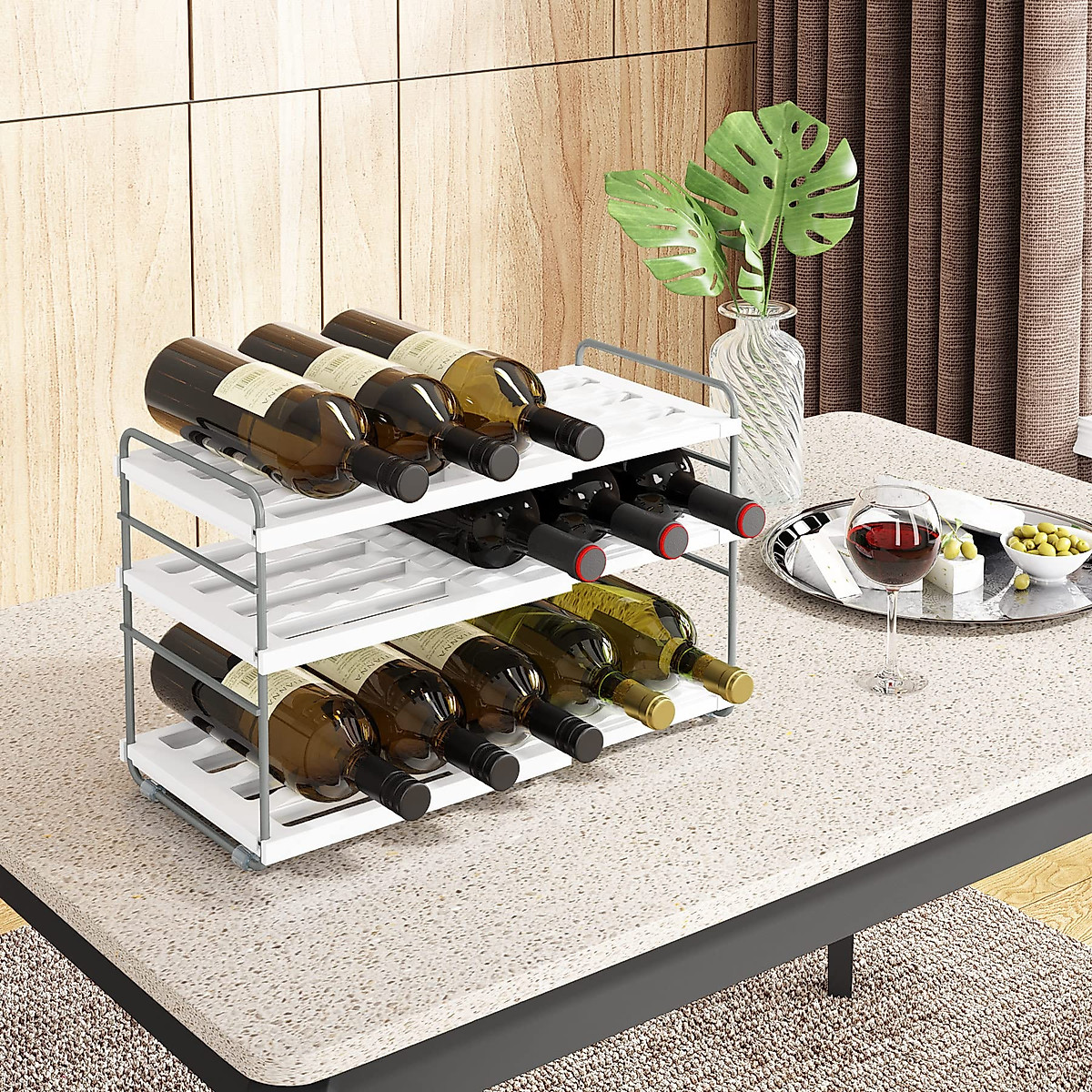 1Easylife Water Bottle Organizer, 3-Tier Expandable Water Bottle Holder 15 Bottles Under 60 OZ Wine Storage Rack Cup Organizer for Cabinet, Kitchen Countertop, Pantry, Fridge(10.6 to 16.5" L)