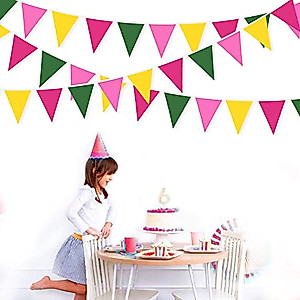 32Ft Hot Pink Green Yellow Pennant Banner Fabric Triangle Flag Bunting Garland for Flamingo Aloha Tropical Luna Hawaiian Jungle Summer Wedding Birthday Party Outdoor Garden Hanging Decoration