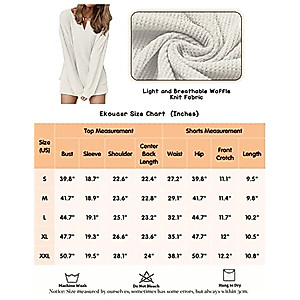 Ekouaer Womens Waffle Knit Long Sleeve Top and Shorts Loungewear Thick Pajama Set, White, Small
