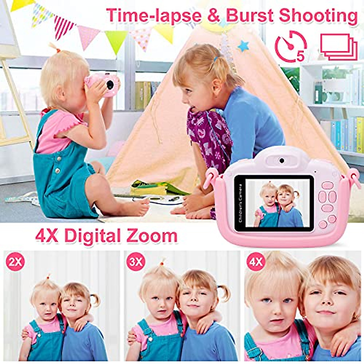 MINIBEAR Kids Camera for Girls 30MP Digital Camera for Kids Selfie Video Camera 2.4 Inch Screen Toddler Camera 3 4 5 6 7 8-10 12 Year Old Toddler Toys Camera Gifts for Girls Kids, 32GB TF Card, Pink