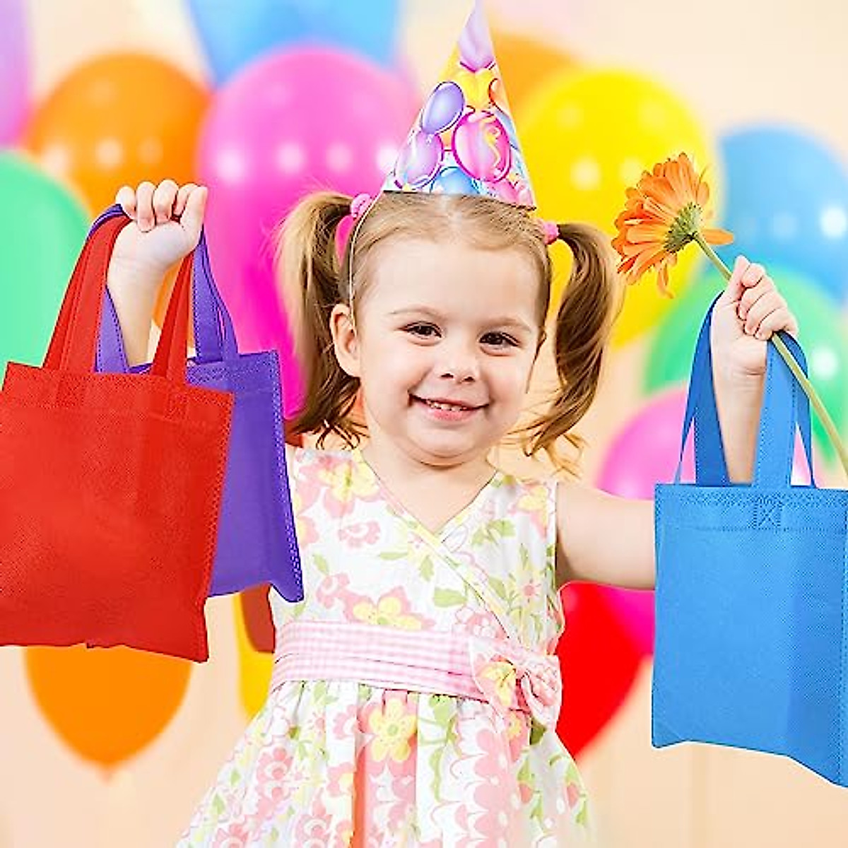 Aneco 30 Pieces 8 by 8 Inches Non-Woven Bags Birthday Party Bags Easter Egg Hunt Bags Rainbow Colors Gift Bag with Handles for Party Favor, 6 Colors