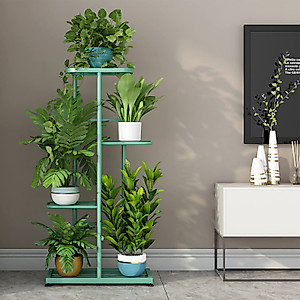 LINZINAR Plant Stand Metal 4 Tier 5 Potted Multiple Flower Pot Holder Shelf Indoor Outdoor Planter Display Shelving Unit for Patio Garden Corner Balcony Living Room (4 Tier 5 Potted, Light Green)