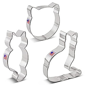 Cat Cookie Cutters 3-Pc. Set Made in USA by Ann Clark, Cat Face, Sitting Cat, Curled Cat