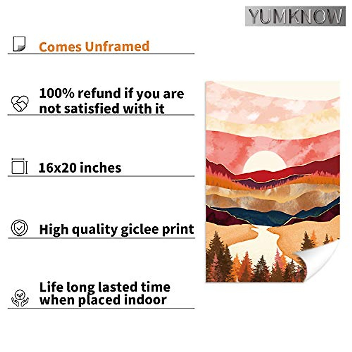 Yumknow Abstract Nature Wall Art - Boho Wall Art for Bedroom Wall Decor for Living Room Pictures for Wall Prints, Unframed 16x20 inch, Mountain Decor, Sunset Wall Art, Moon Poster,Modern Fall Wall Art