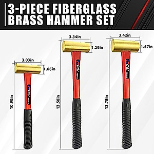 C&T 3-Piece Hammer Set,Jacketed Fiberglass Solid Brass Non-Sparking Hammer,16, 24, 32oz,Non Marring Non Sparking