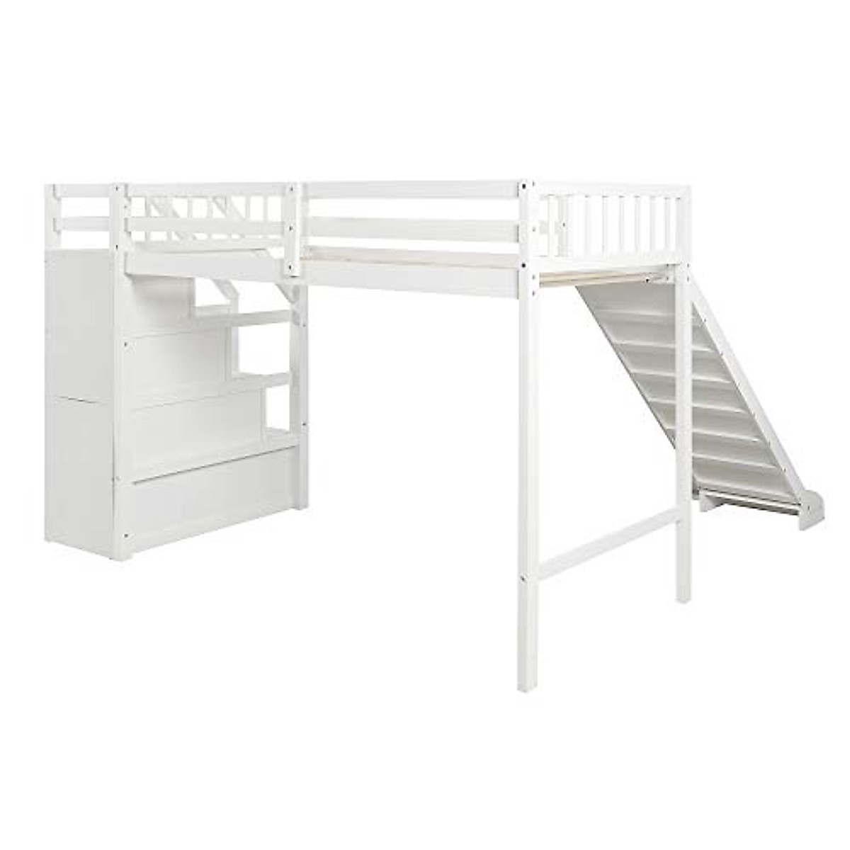 Merax Twin Size Loft Bed Frames with Silde, Staircase and Safety Guardrails No Box Spring Needed for Teens, Boys or Girls, White