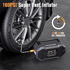 TRAVELMAN T6 Car Jump Starter with Air Compressor, 4000A 160PSI 26800mAh Portable Jump Box Tire Inflator (All Gas/10.0L Diesel), 12V Car Jump Booster Battery Pack for Car,Truck,Boat,Bike