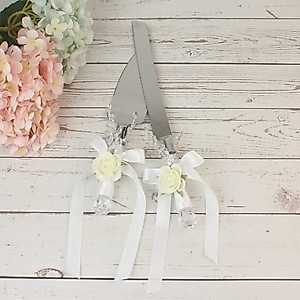 Handmade White Rose Wedding Cake Knife Shovel Server 2 Piece Set of Wedding Site Props