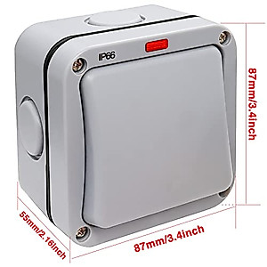 Taiss Outdoor Switch IP66 Waterproof Switch with Red LED Indicator,1-Gang 2-Way SPDT Light Switch,10A 220V-250V Outdoor Garden Electrical Switch