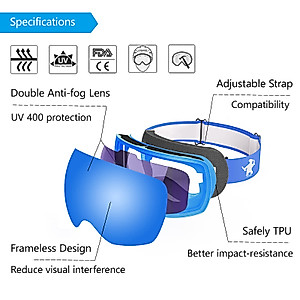 Ski Goggles for Men Women - OTG Snowboard Goggles with Framless Anti-Fog Spherical Lens