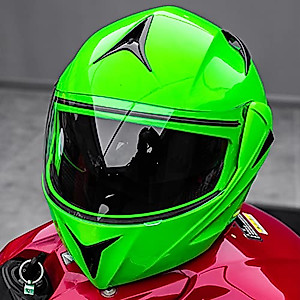 ILM Motorcycle Helmets Modular Dual Visor Flip-up Full Face Street Bike Racing Helmet DOT 5 Colors Model 808 (M, Green)