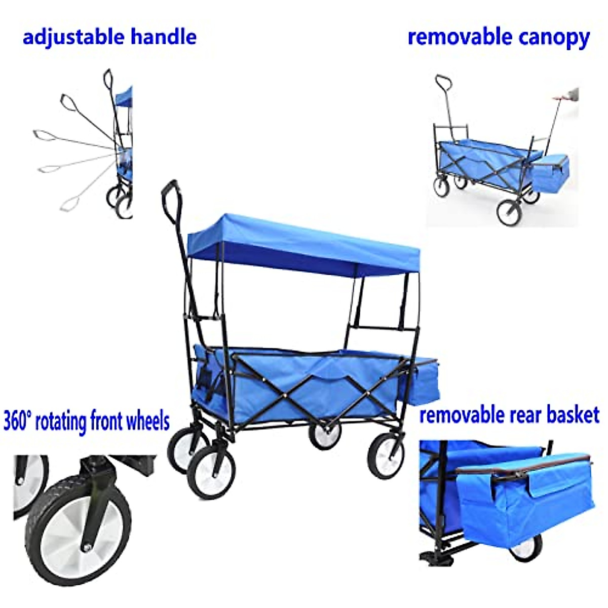 Wagon Cart with Wheels Foldable,Utility Garden Cart with Canopy,Outdoor Utility Wagon with Heavy-Duty Steel Frame,Collapsible Wagon,Red+Beige Trolley Cart Carry up to 150 Pounds (Blue)