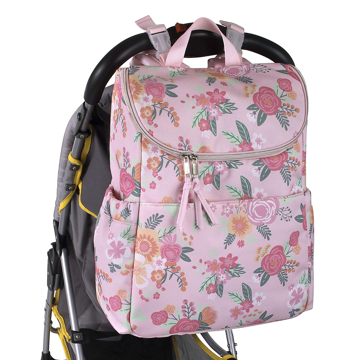 Multi-Function Floral Diaper Backpack and Travel Nappy Baby Bag with Changing Pad and Stroller Straps (Pink Floral)
