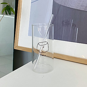 Lovely Glass Cup, Heat-resistant Glass Cup Korean Milk Juice Cup with Straw Simple Fashion Stable Cartoon Transparent Drink Mug Glass Cup