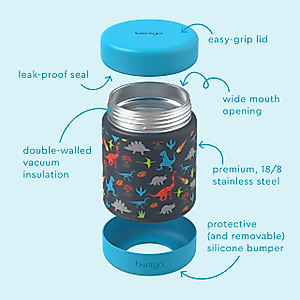 Bentgo Kids Stainless Steel Food Jar - 11oz Leak-Proof Double Insulated Hot or Cold Food Container with Removable Silicone Bumper, Dishwasher Safe, Easy Open Lid, Ages 3+ (Dinosaur)