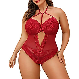 Avidlove Plus Size Lingerie for Women Snap Crotch Lace Bodysuit Teddy Lingerie One Piece Babydoll Nightgown Wine Red