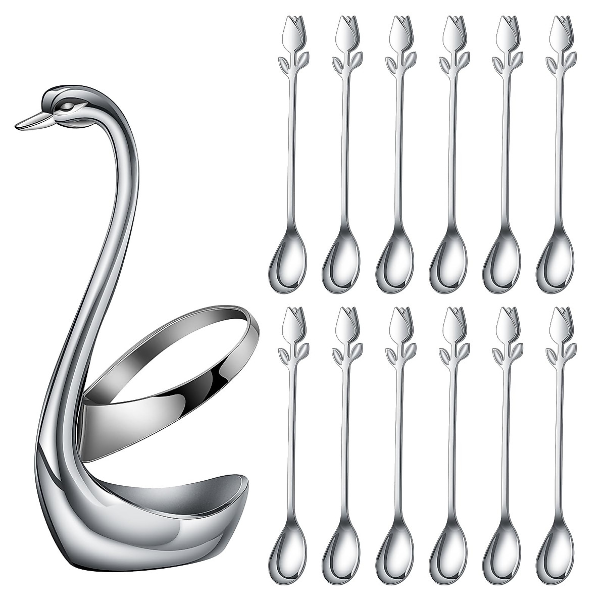 SGVRPVZ Silver Small Coffee Spoon Holder Set,Swan Base With 12 Pcs Demitasse Espresso Spoons Set,6" Mini Tulip/Rose Dessert Spoon,Stainless Steel Tea Spoons