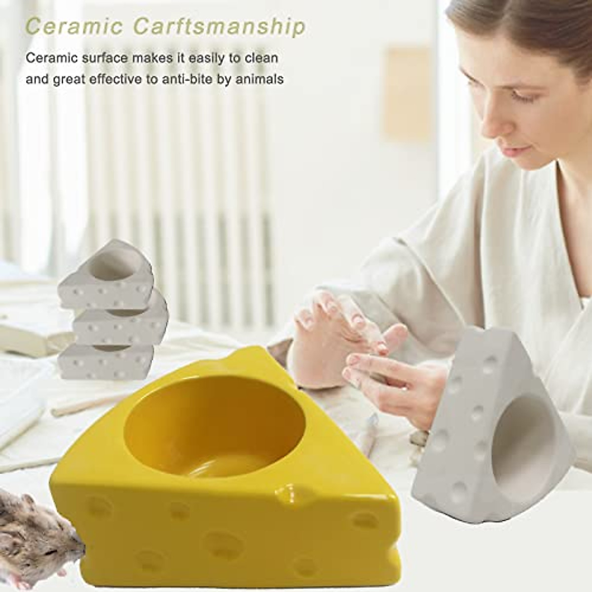 Zhilishu Hamster Food Bowl, 2 Packs Guinea Pig Food & Water Bowls Ceramic Cheese Shape Feeding Drinking Bowl Food Dish Prevent Moving for Small Animals Rabbit Bunny Gerbil Rat Mice (White)