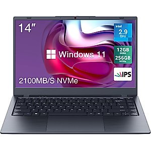 BiTECOOL 14-inch Windows 11 Laptop, 12GB RAM, 256GB NVMe SSD, up to 2100MB/S, FHD IPS Display, Intel Celeron N5095 Quad Core, 5G WiFi, BT4.2, Type C and Camera Cover, Lightweight and Portable