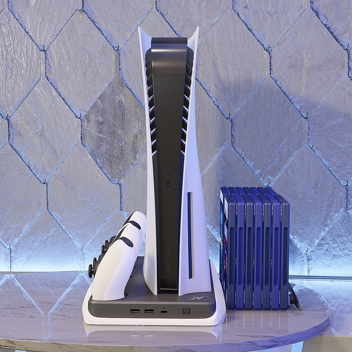 PS5 Cooling Fan Charging Docking Station, 4 in 1 Playstation Stand, Controller Charger, Cool Fan and Games Storage Tray for PS5 Console, Disk and Digital Version (White/Black)…