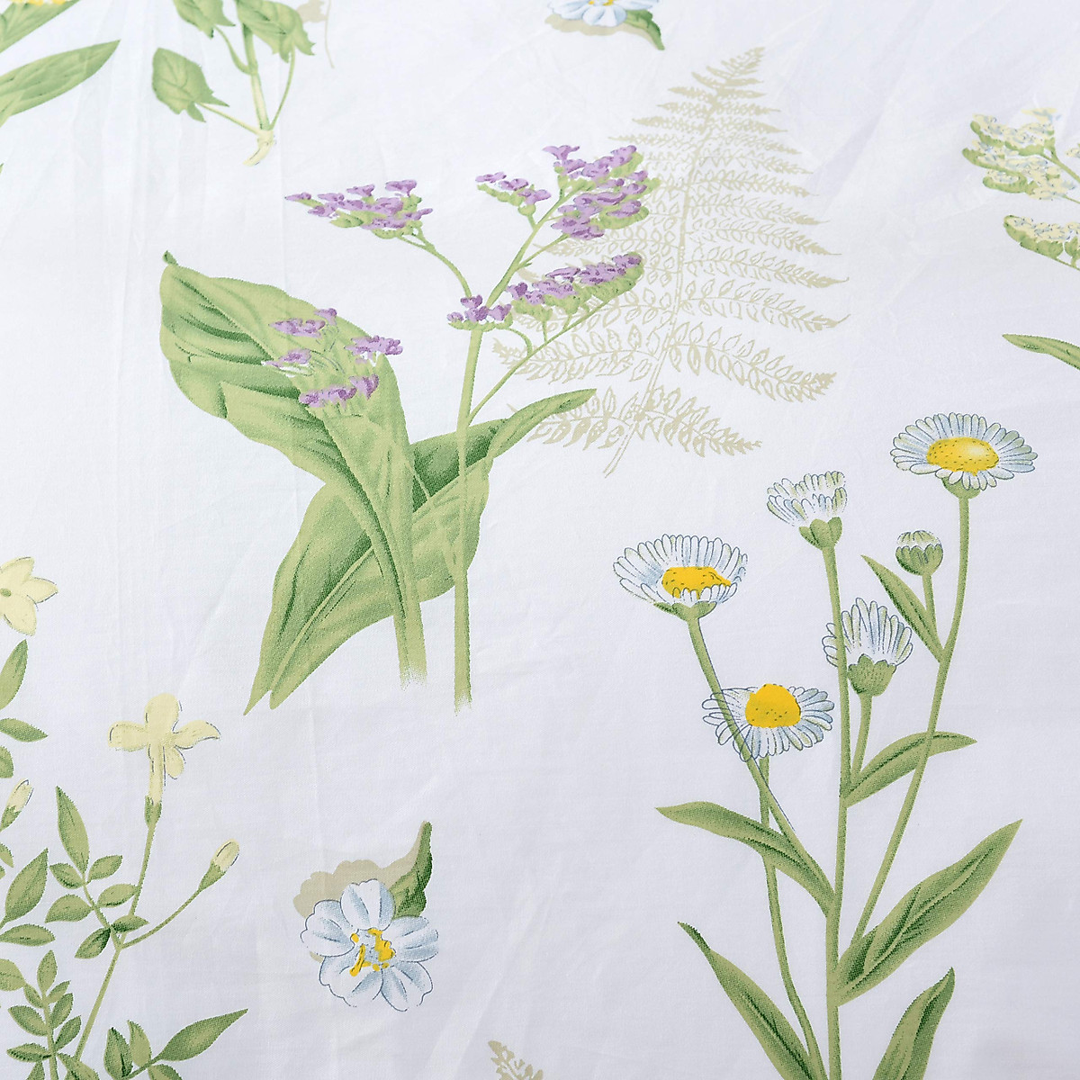 FADFAY Duvet Cover Set Queen 4-Pcs Shabby Daisy and Lavender Flowers 100% Cotton Hidden Zipper Closure with Green Deep Pocket Fitted Sheet 4 Pieces Queen Size