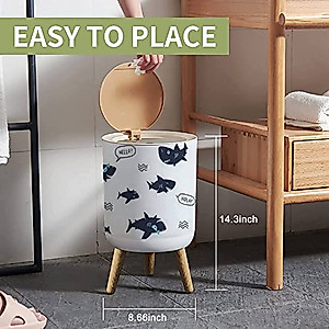 Small Trash Can with Lid Cute Shark Kids t Shirt Wood Legs Press Cover Garbage Bin Round Simple Human Waste Bin Wastebasket for Kitchen Bathroom Office, 8.67x14.3inch