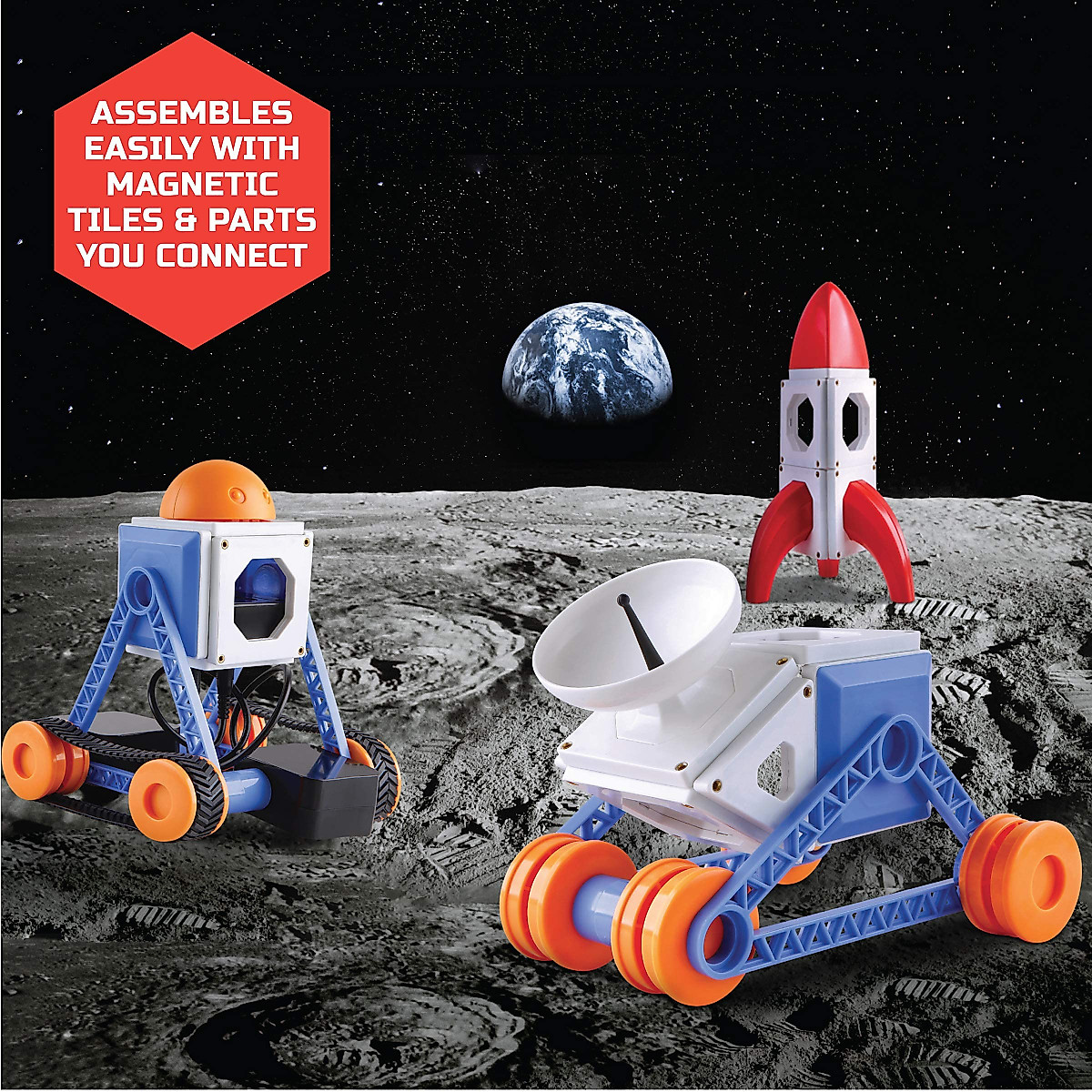 Discovery #MINDBLOWN Customizable Magnetic Building Tiles with Remote Control, 34-Piece Play Set, Build 3 Intergalactic Models, Includes 2 Powered Motors, STEM Toy for Boys and Girls