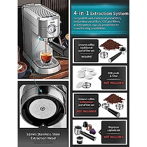 Gevi 20 Bar Compact Professional Espresso Coffee Machine with Milk Frother/Steam Wand for Espresso, Latte and Cappuccino, Stainless Steel, 35 Oz Removable Water Tank