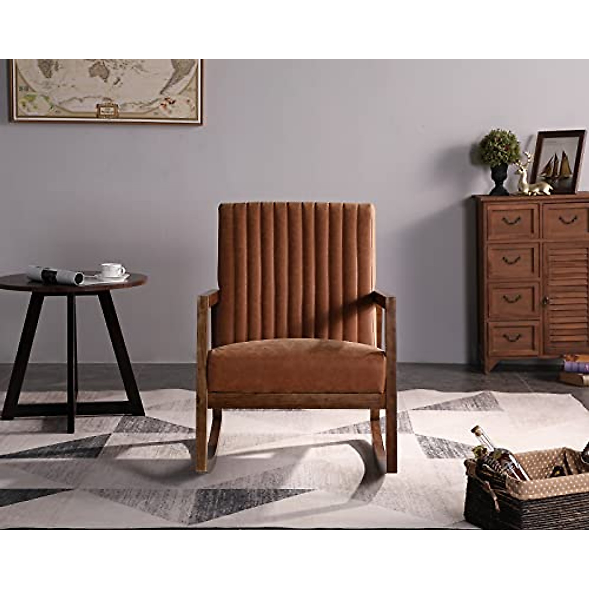 CIMOTA Leather Modern Rocking Chair Mid Century Armchair Upholstered Arm Chair with Padded Seat/Wood Frame, Comfy Rocker for Living Room/Bedroom, Retro Brown PU