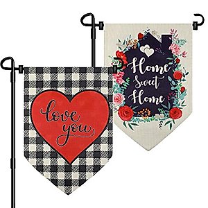 2 Pieces Valentine's Day Garden Flag Home Sweet Home Wedding Flower Welcome Garden Flag Buffalo Plaid Heart House Flag Double Sided Love Yard Flag for Holiday Outdoor Decoration, 12.5 x 18.5 Inches