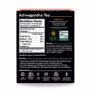 Buddha Teas - Organic Ashwagandha Root Tea - Herbal Tea - For Health & Wellbeing - With Antioxidants & Minerals - Clean Ingredients - Caffeine Free - OU Kosher & Non-GMO - 18 Tea Bags (Pack of 1)