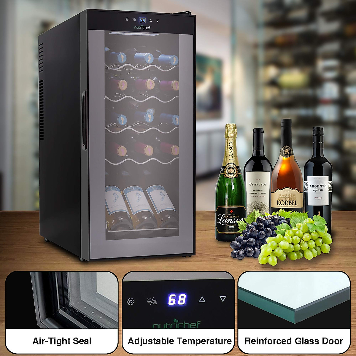 NutriChef 15 Bottle Compressor Refrigerator White & Red Chiller Countertop Cooler-Freestanding Compact Mini Wine Fridge Capacity, Digital Control, Glass Door, Black