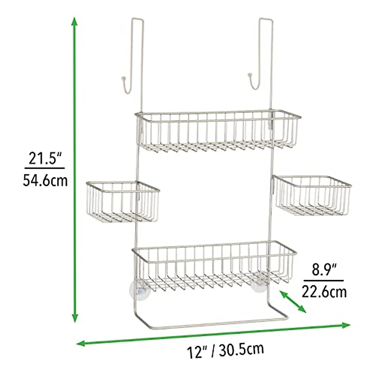 mDesign Steel Shower Caddy Hanging Shelf Rack Storage Organizer 4 Baskets, 2 Hooks for Bathroom, Dorm - Holds Shampoo, Conditioner, Soap Dispenser, Sponge - Klypon Collection - Matte Satin