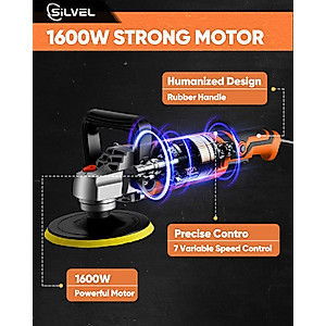 SILVEL Buffer Polisher, 1600W 7 Inch/6 Inch Polisher for Car Detailing, Wax Machine, 7 Variable Speed, with 6 Foam Pads, 3 Wool Pads, Packaging Bag, for Boat Polishing and Waxing