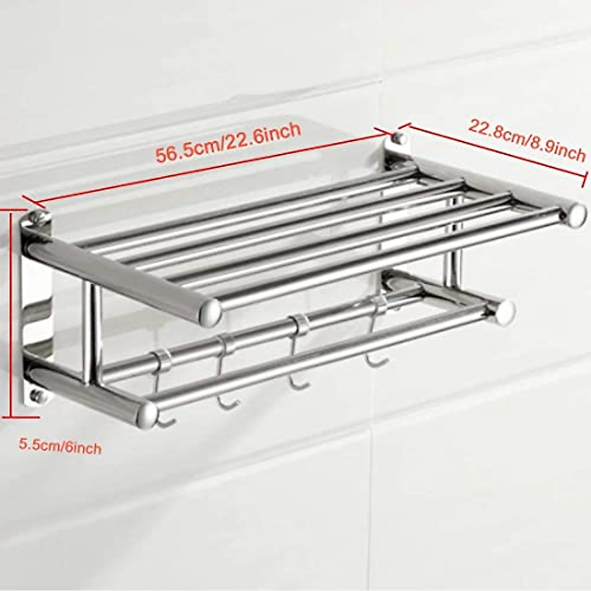 XHALERY Wall Mounted Hotel Towel Shelf Storage Holder Compatible with 4 Hooks,Bathroom/Kitchen Towel Rack Stainless Steel for for Towels, Bathrobe, Tea Towels