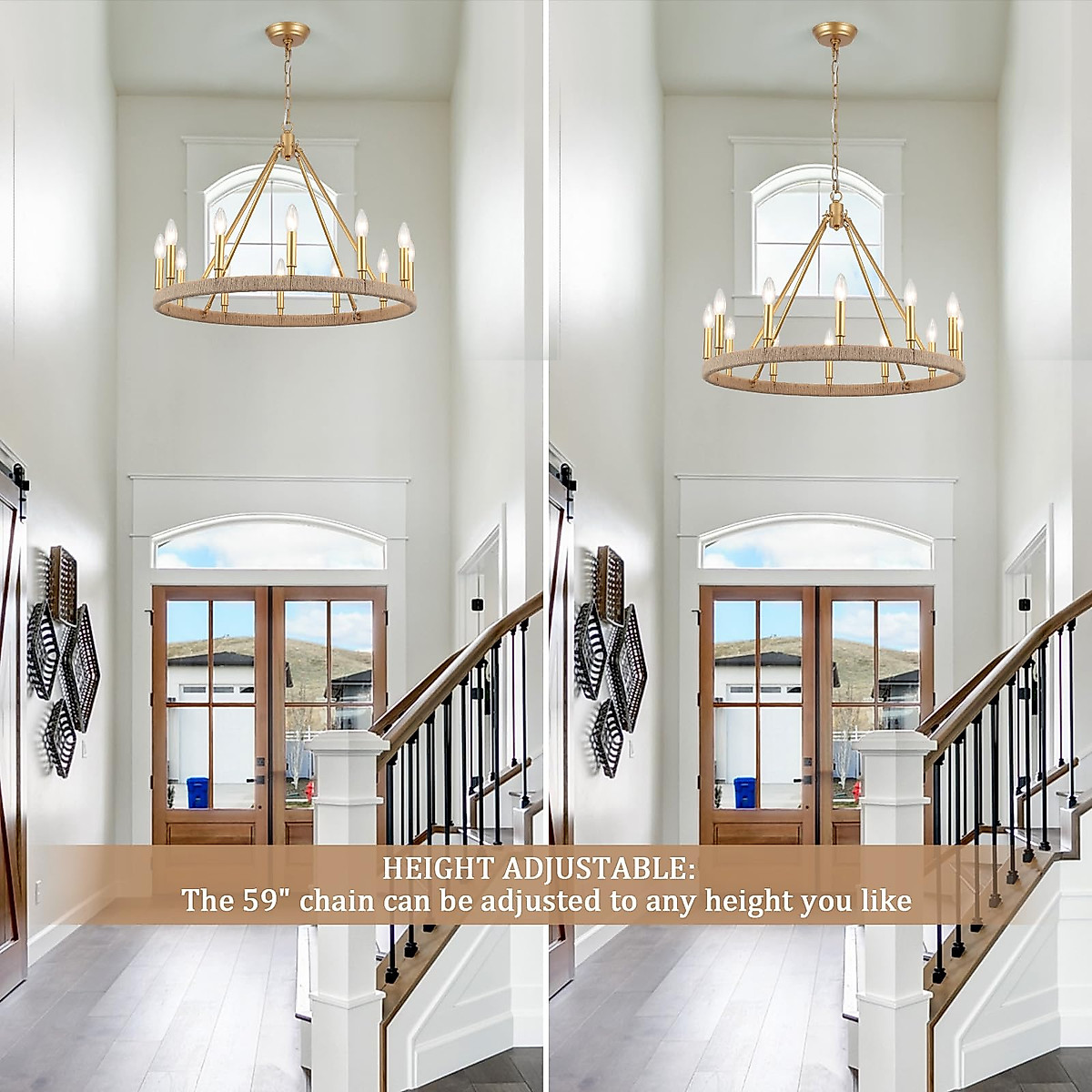 ASHUAQI Gold Wagon Wheel Chandelier 12 Light Modern Farmhouse Round Chandeliers for Dining Room Rustic Vintage Pendant Light Fixtures for High Ceilings Living Room Foyer Entryway
