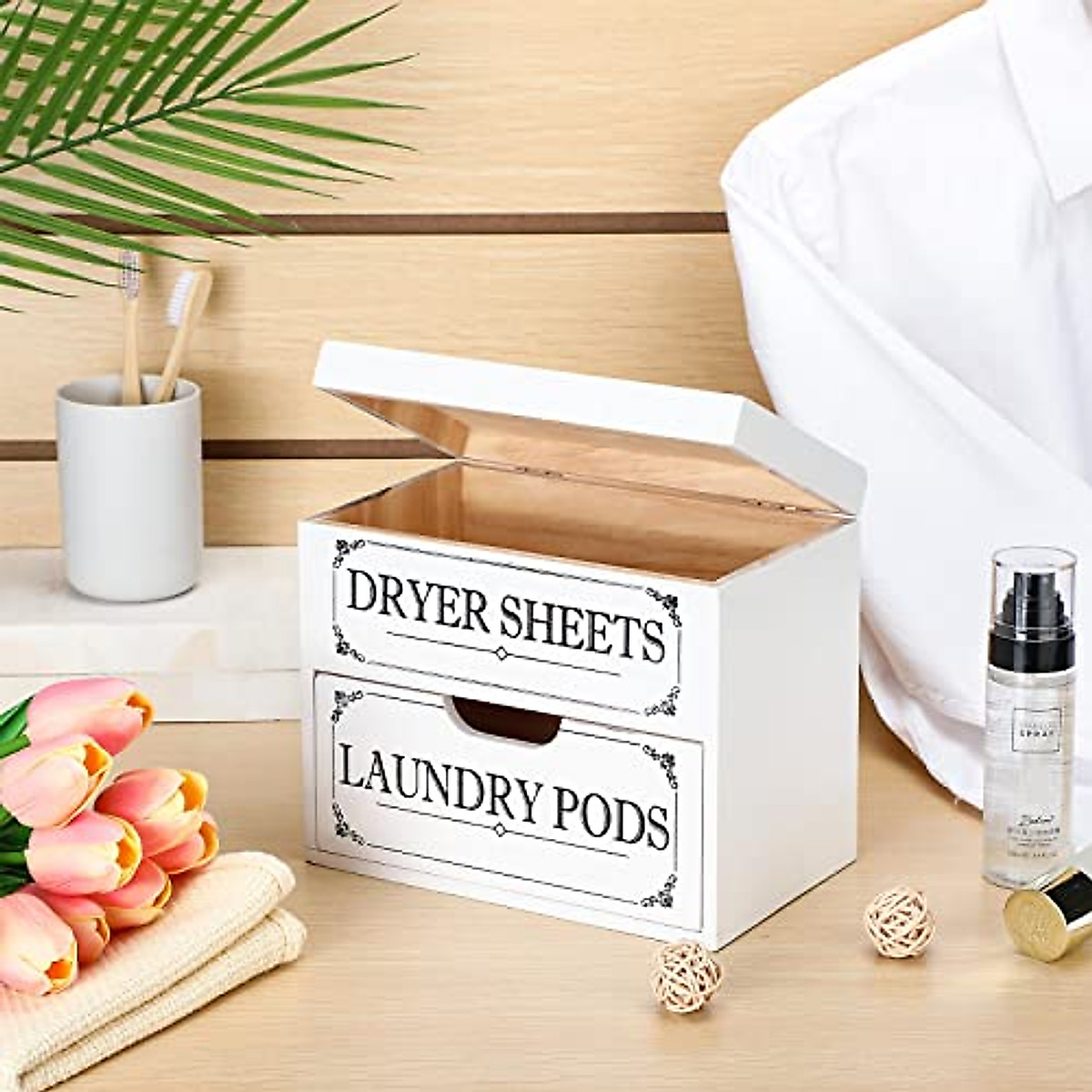 Tatuo Dryer Sheet Holder with Hinged Lid Farmhouse Dryer Sheet Dispenser Rustic Dryer Sheet Container Dryer Sheet Box Laundry Room Decor for Laundry Room Organization Fabric Sheet Laundry Pods, White