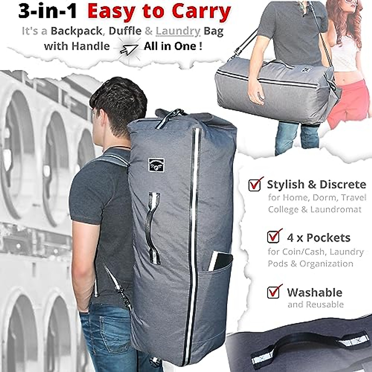 Backpackio Laundry Backpack Duffle | XL Heavy Duty Laundry Bag | Military Style