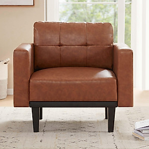 AYEASY Mid-Century Modern Leather Accent Set of 2, Oversized Upholstered Single Sofa Chair with Wood Base & Legs, Comfy Living Room Armchairs for Apartment Bedroom Office Study, Cognac/Espresso, Brown